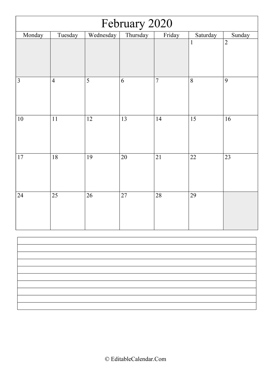 Editable Calendar February 2020