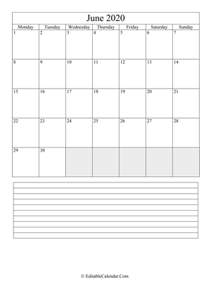 Editable Calendar June 2020