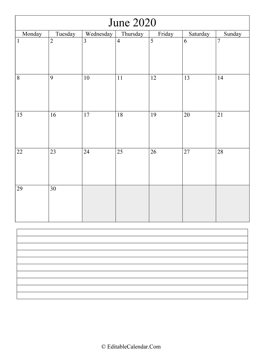 Editable Calendar June 2020