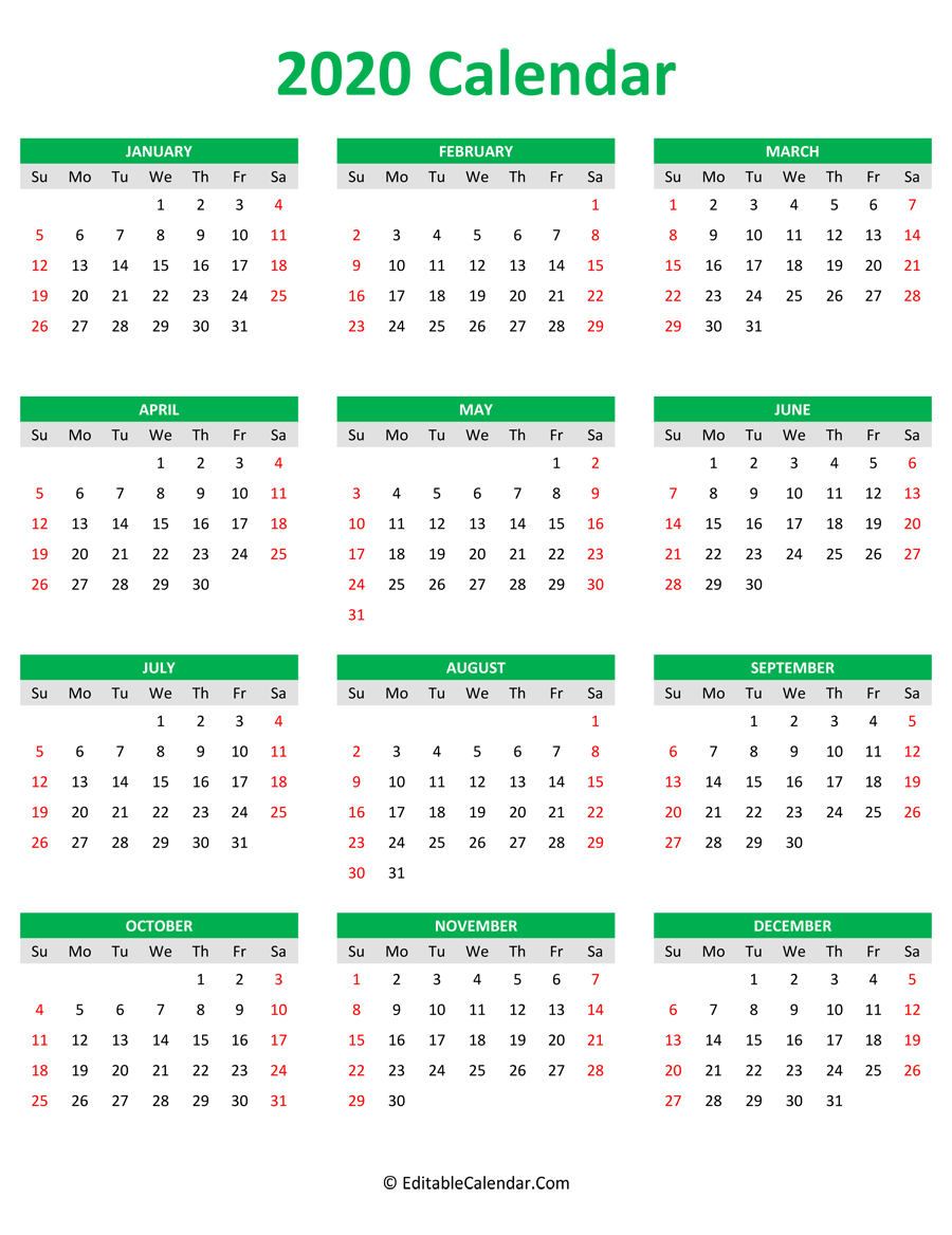 2020 Calendar (Portrait Orientation)
