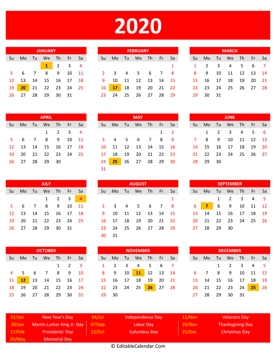 2020 Printable Calendar with Holidays (Portrait Orientation)