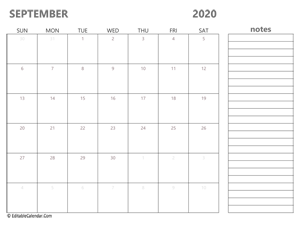 September 2020 Printable Calendar with Holidays
