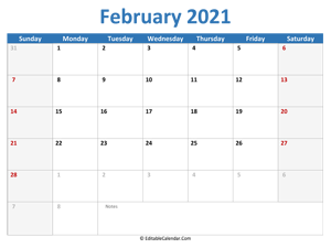 February 2021 Printable Calendar with Holidays