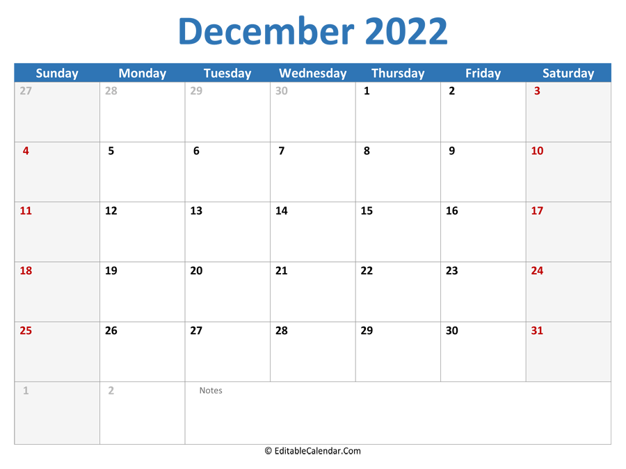 December 2022 Printable Calendar With Holidays