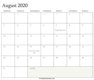 Editable Calendar August 2020