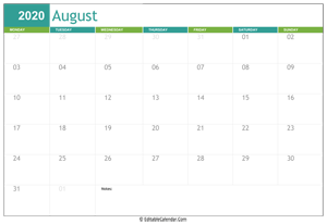 Editable Calendar August 2020