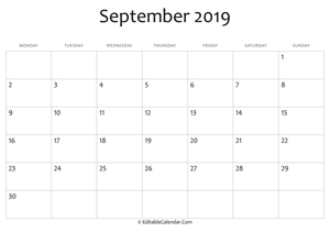 September 2019 Printable Calendar with Holidays