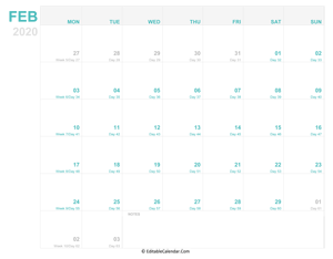Editable Calendar February 2020