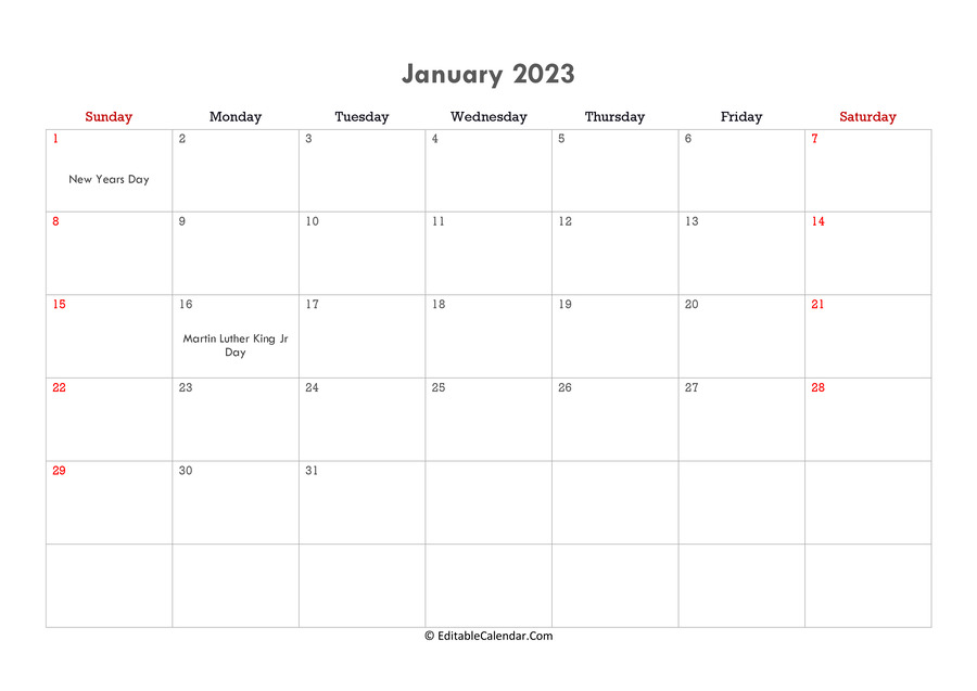 Download Editable Calendar January 2023 Word Version 