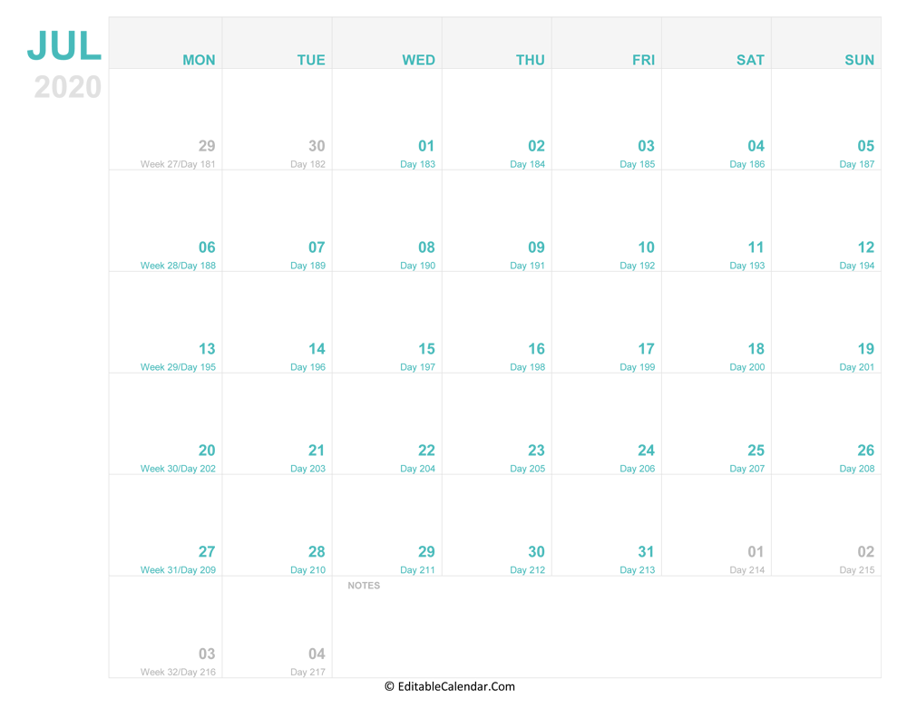 Download Editable Calendar July 2020 (Word Version)