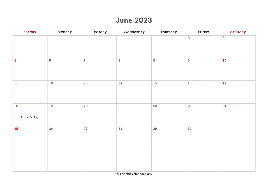 Editable Calendar June 2023
