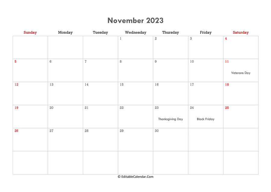 Editable Calendar November 2023