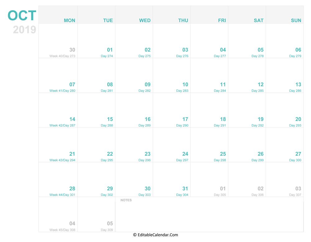 Editable Calendar October 2019