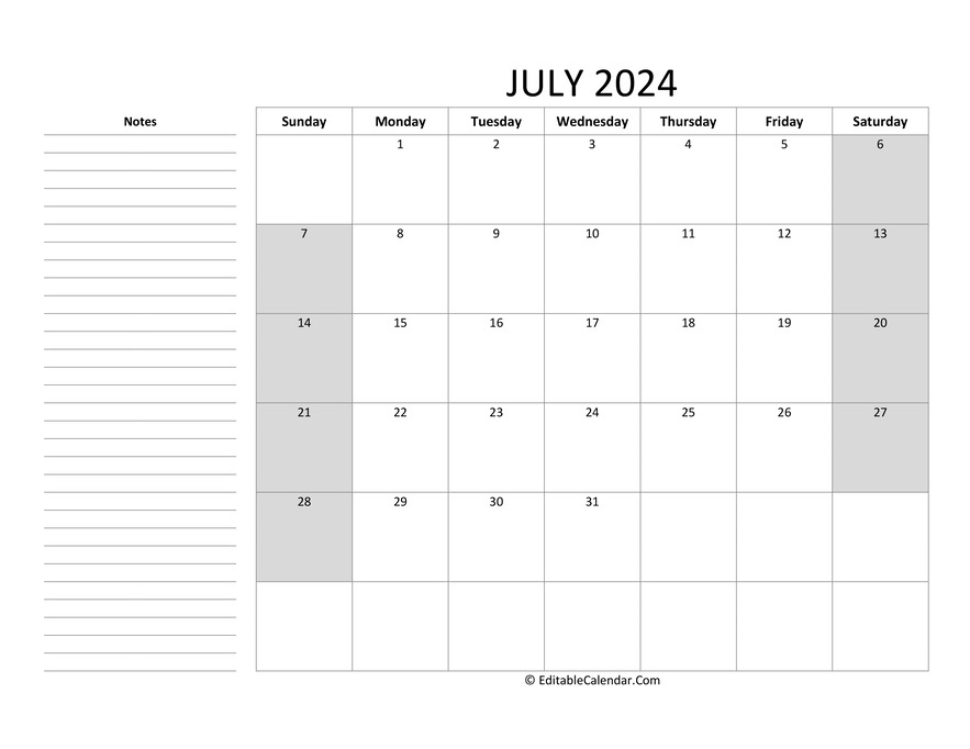 Download Editable July 2024 Calendar With Notes (Word Version)