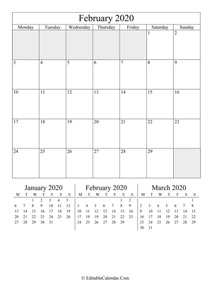 Editable Calendar February 2020