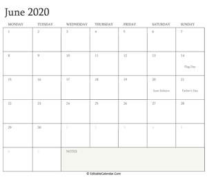 Editable Calendar June 2020