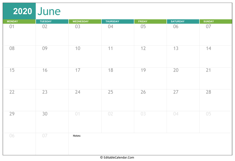 Editable Calendar June 2020