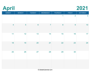 April 2021 Editable Calendar with Holidays