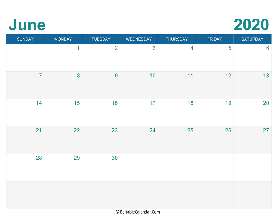 Download Printable Monthly Calendar June 2020 (PDF Version)