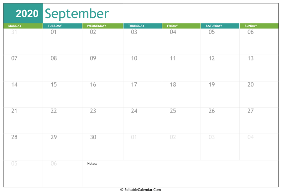 Editable Calendar September 2020